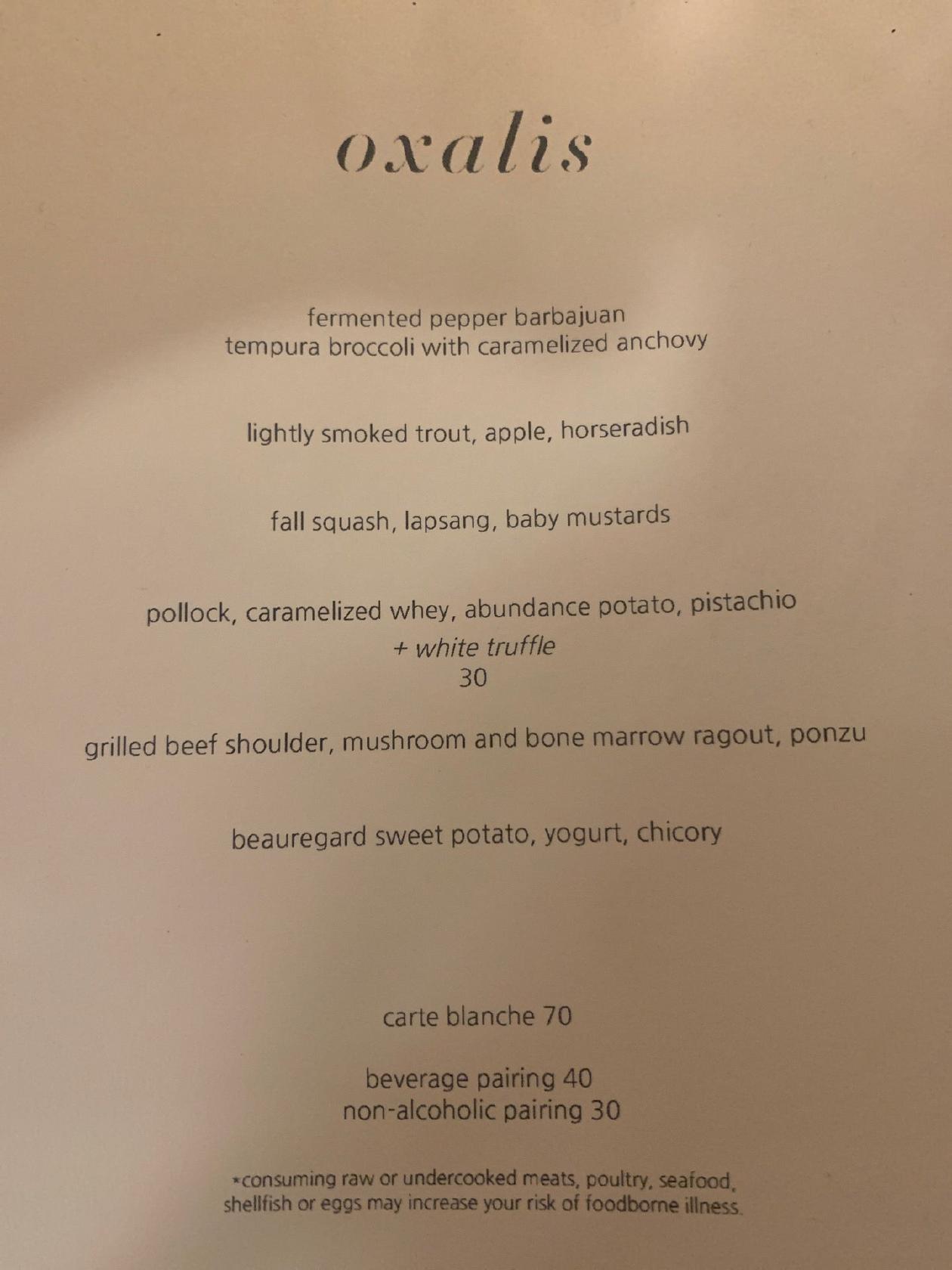 Menu at Oxalis restaurant, New York City