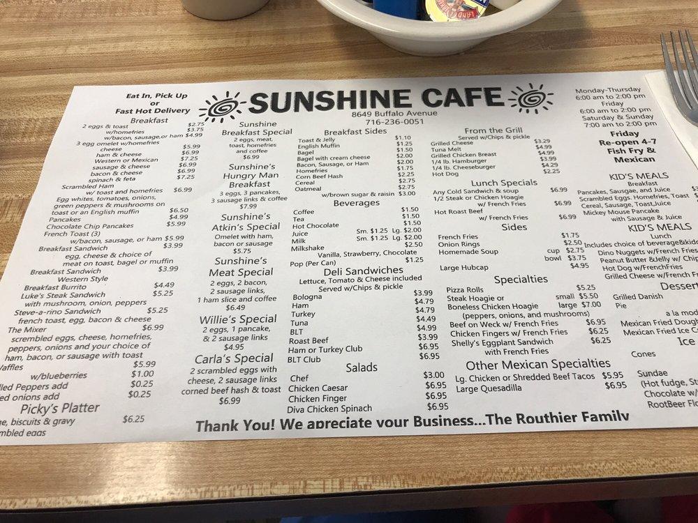 Menu at Sunshine Cafe, Niagara Falls