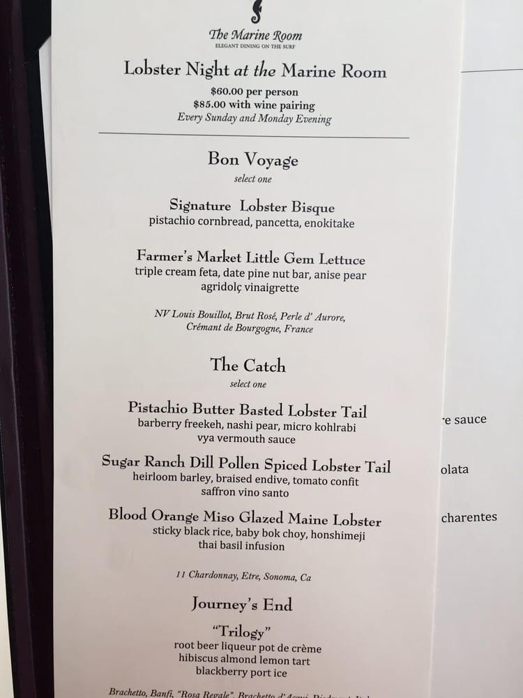Menu at The Marine Room restaurant, San Diego, Spindrift Dr