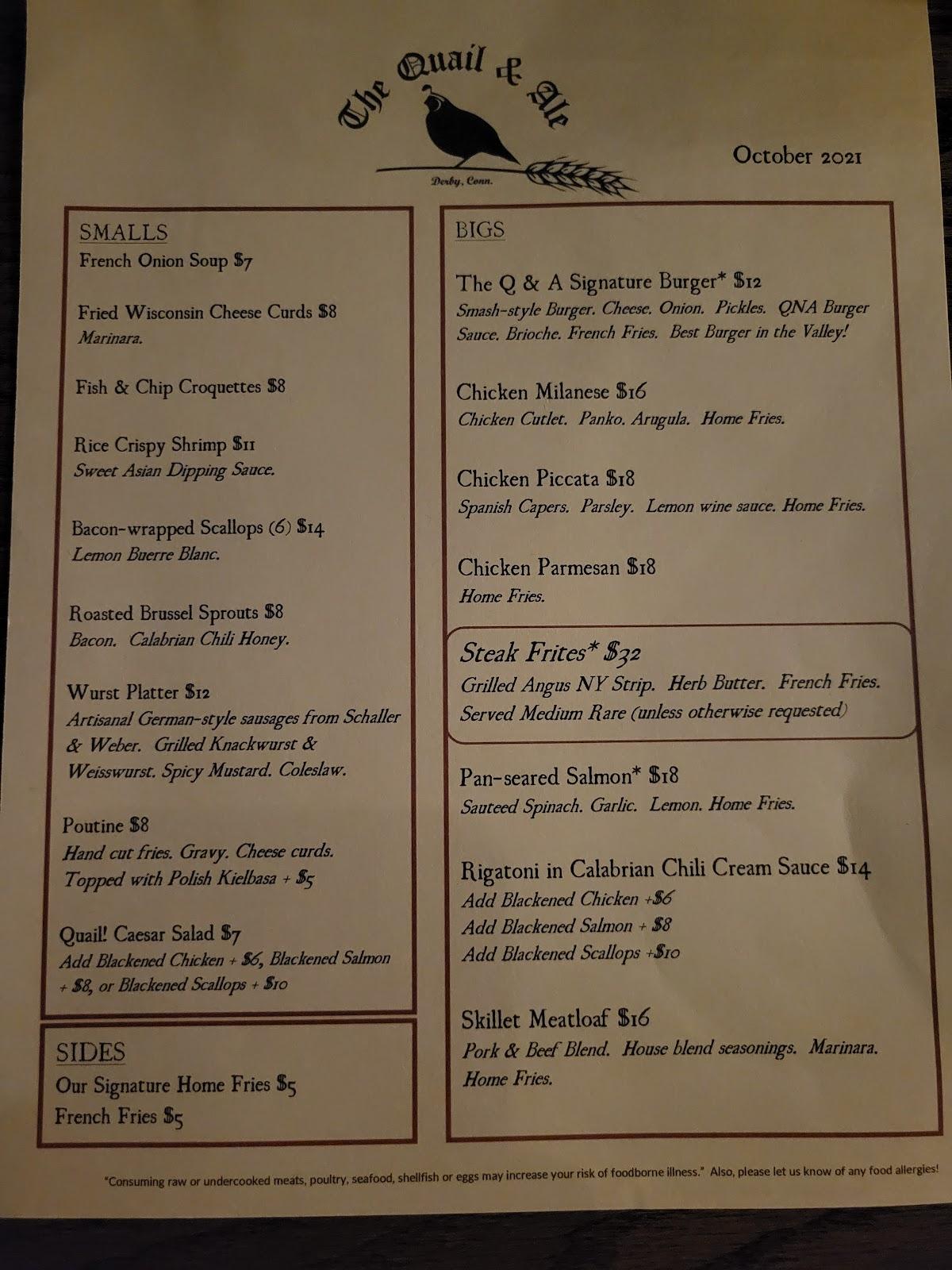 Menu at The Quail & Ale Neighborhood Pub, Derby