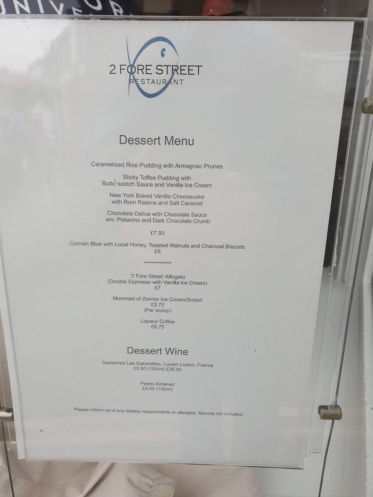 Menu at 2 Fore Street Restaurant, Penzance