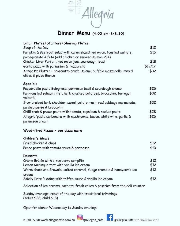 Menu at Allegria Cafe Deli Pizza, Ocean Reef