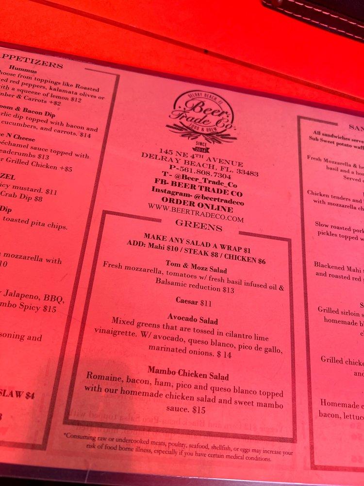 Menu at Beer Trade Co pub & bar, Delray Beach