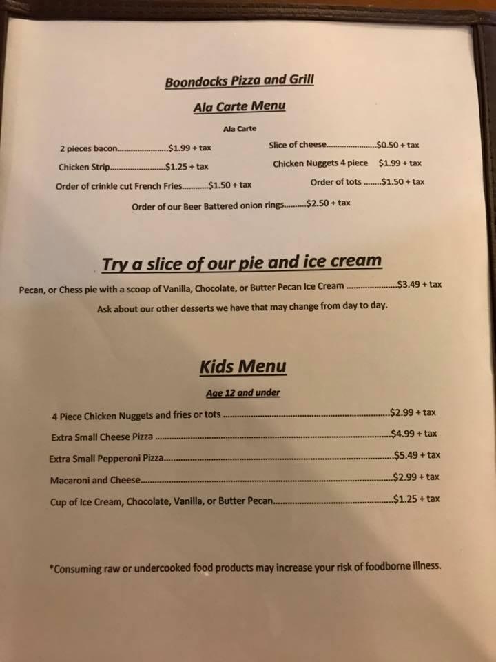 Menu at Boondocks Pizza And Grill Elkton KY pizzeria, Elkton