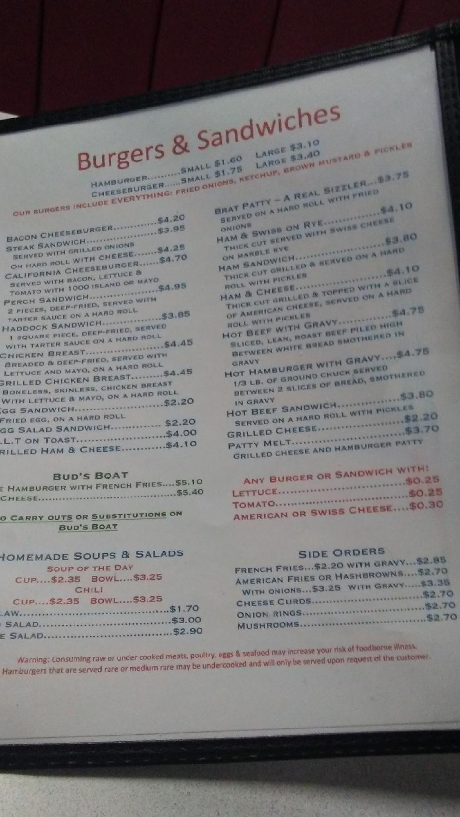 Menu at Bud Willman's Lunch restaurant, Manitowoc