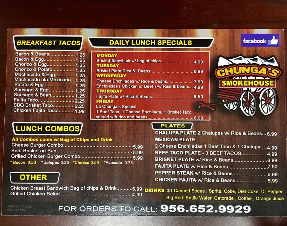 Menu at Chunga's Smokehouse restaurant, Laredo