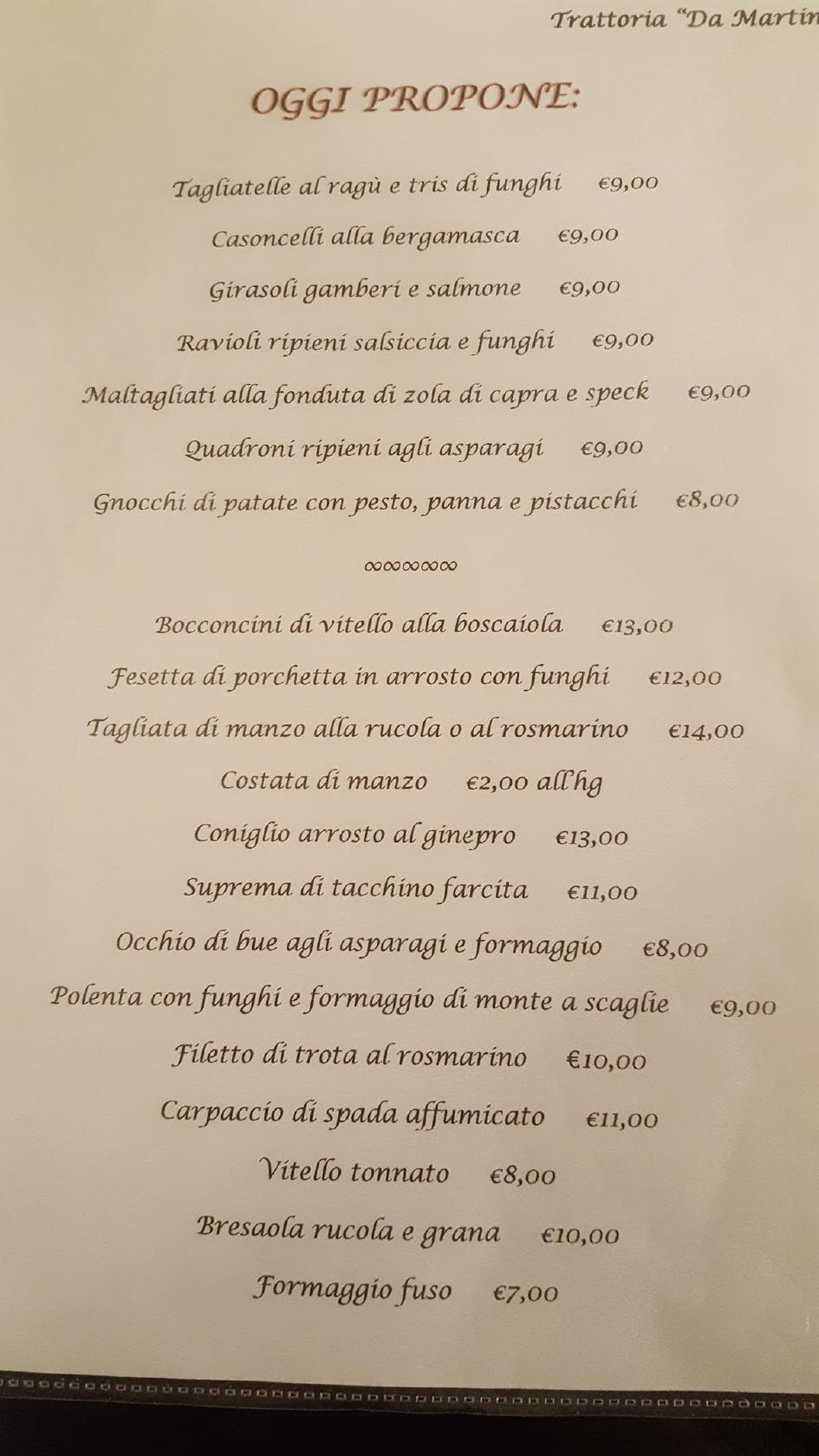 Menu at Trattoria da Martino restaurant, Gandellino