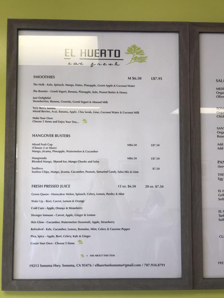Menu at El Huerto pub & bar, Sonoma