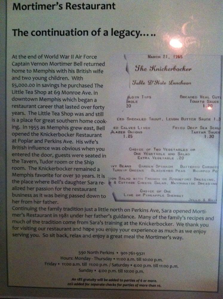 Menu at Mortimer's pub & bar, Memphis