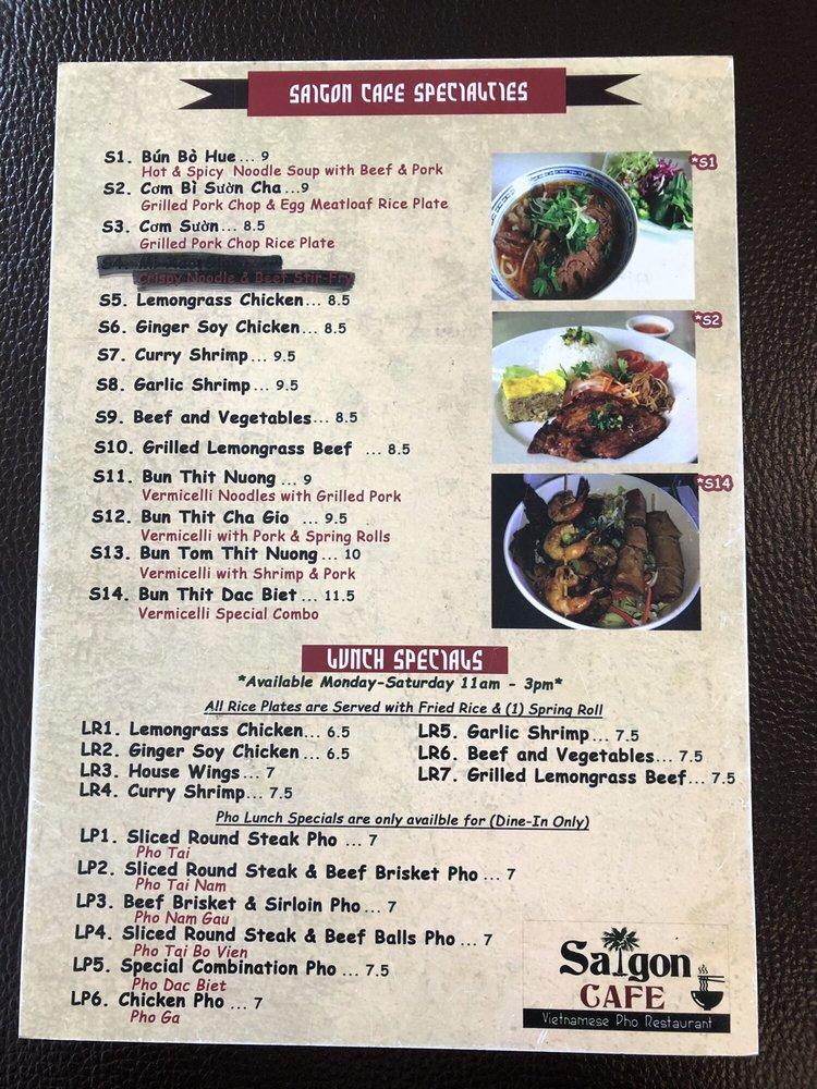 Menu at Saigon Cafe, Myrtle Beach