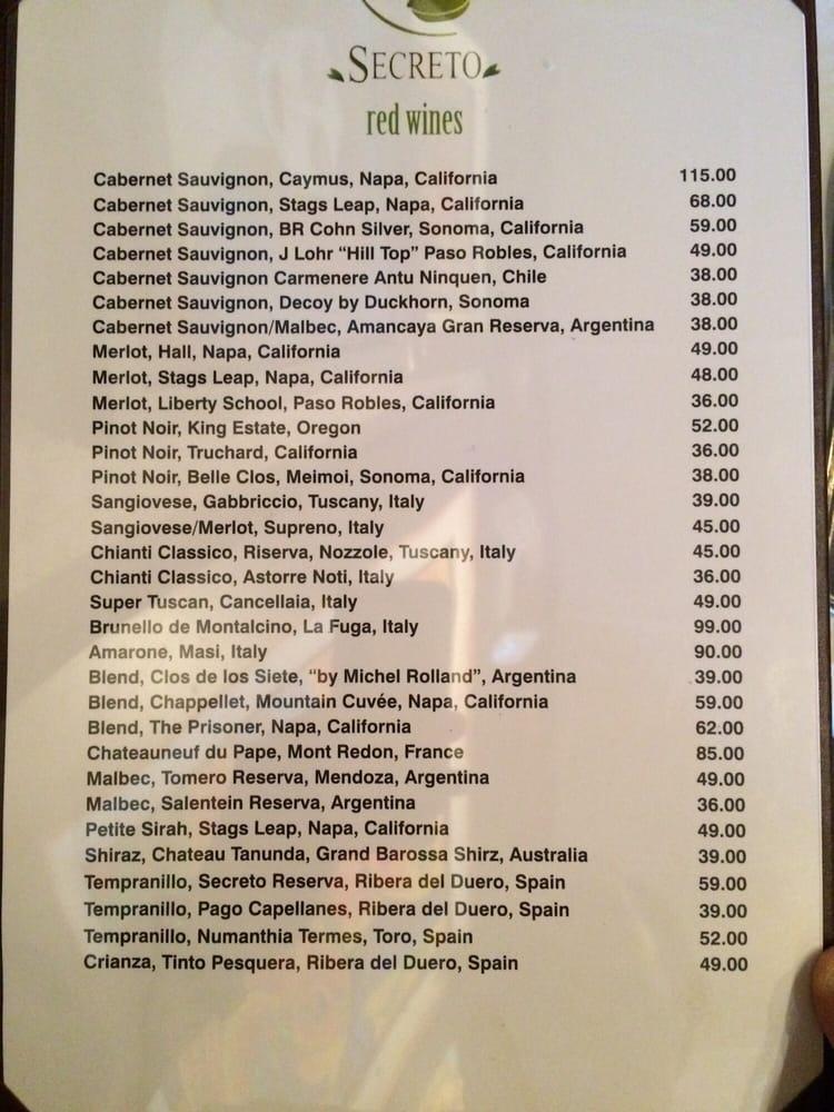 Menu at Secreto restaurant, Miami