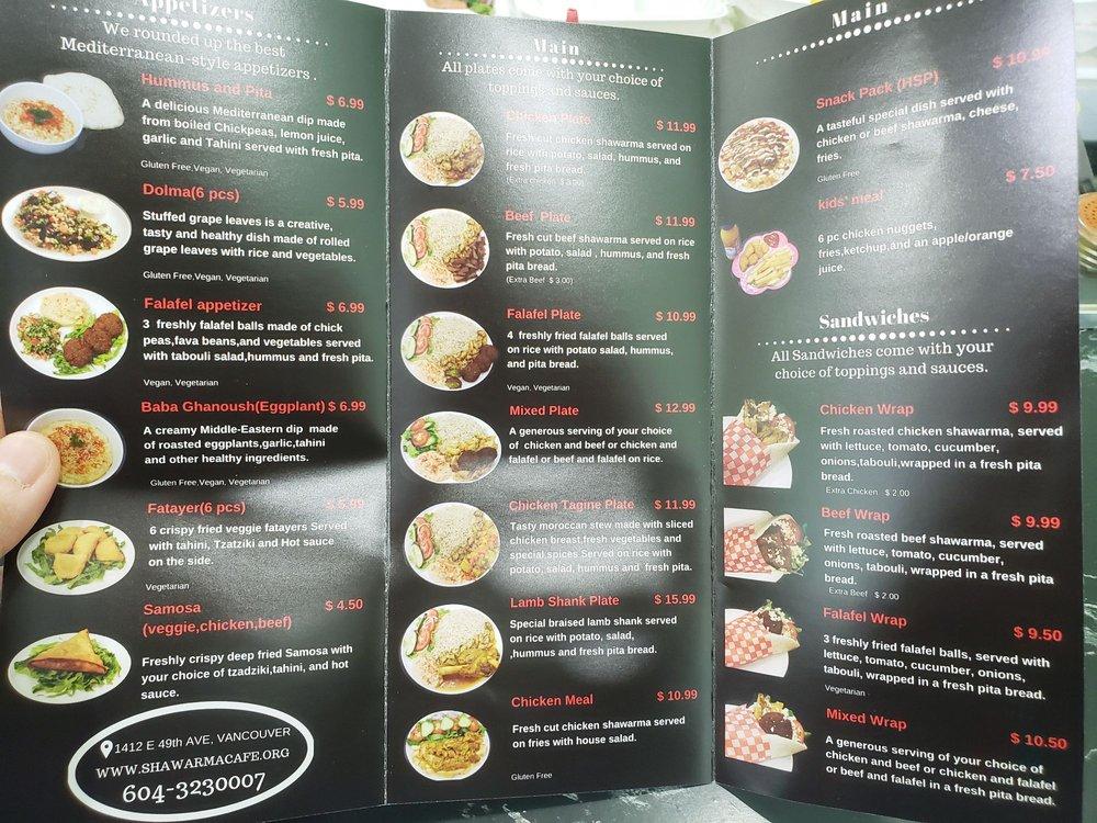 Menu at Shawarma Cafe, Vancouver