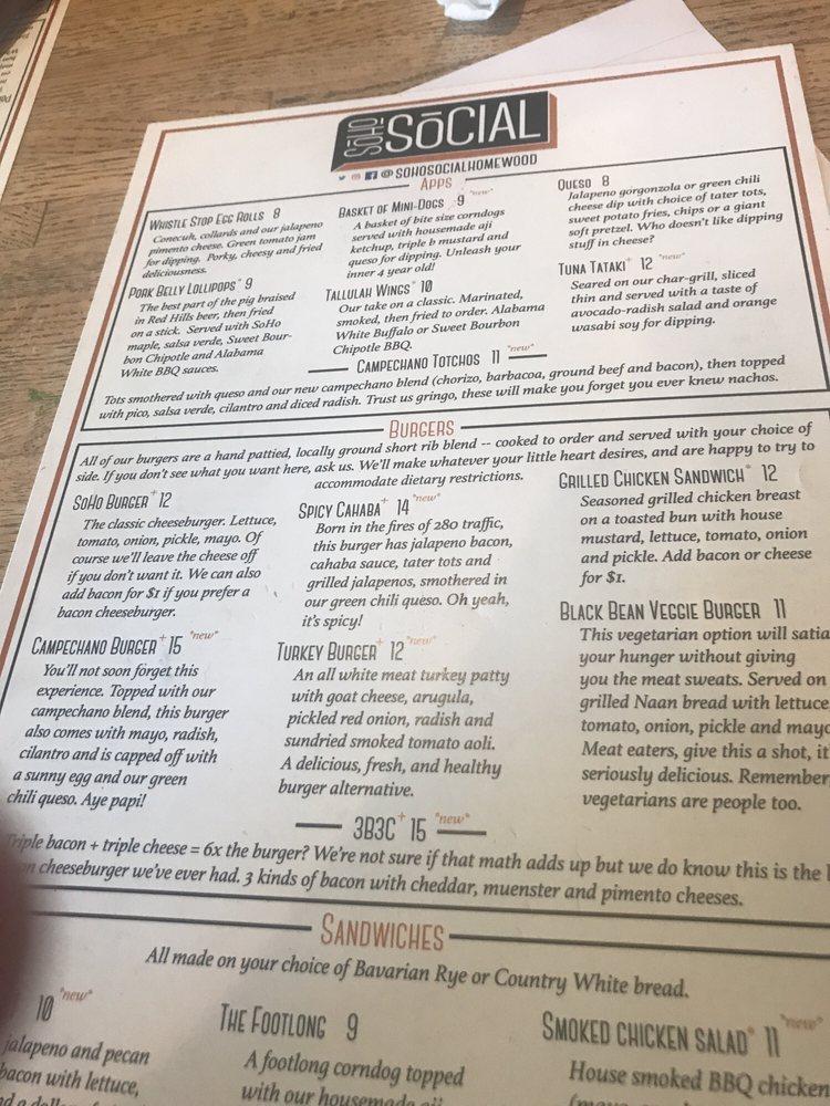 Menu at SoHo Social pub & bar, Homewood