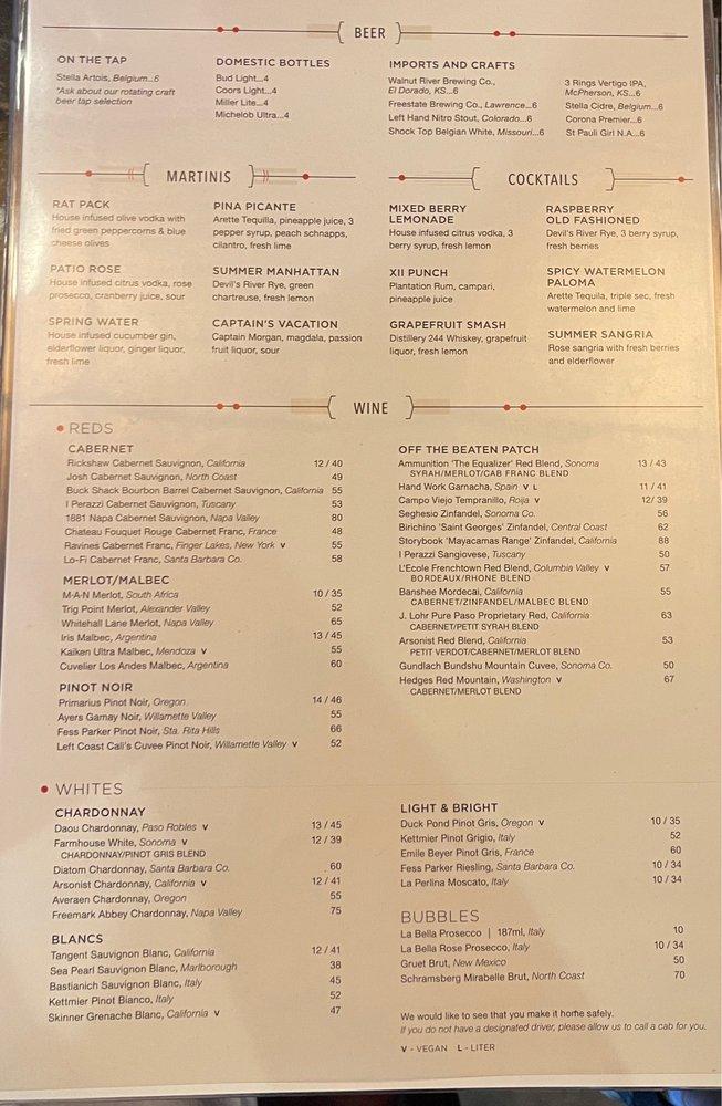 Menu at Twelve Restaurant & Bar, Wichita