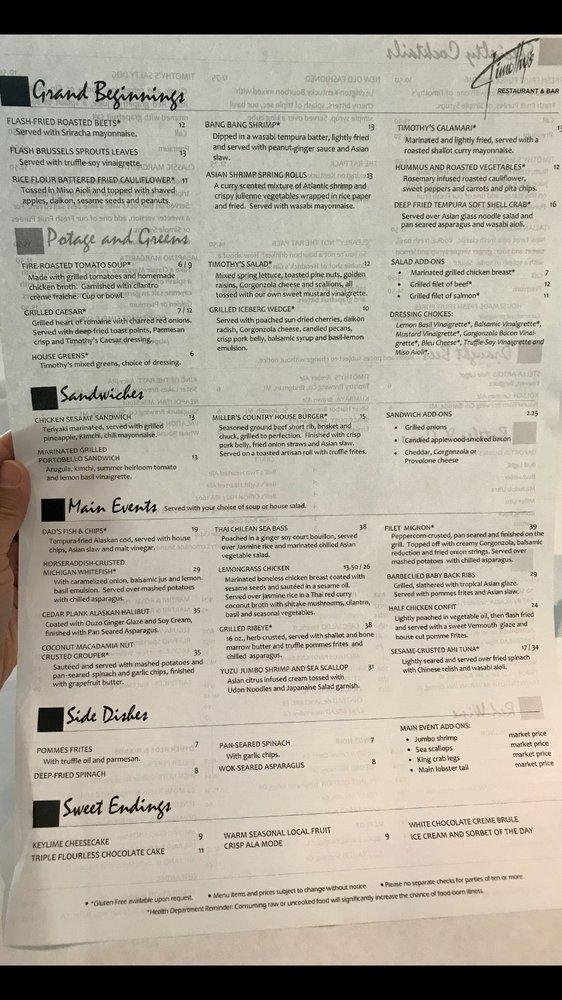 Menu at Timothy's Restaurant, Union Pier