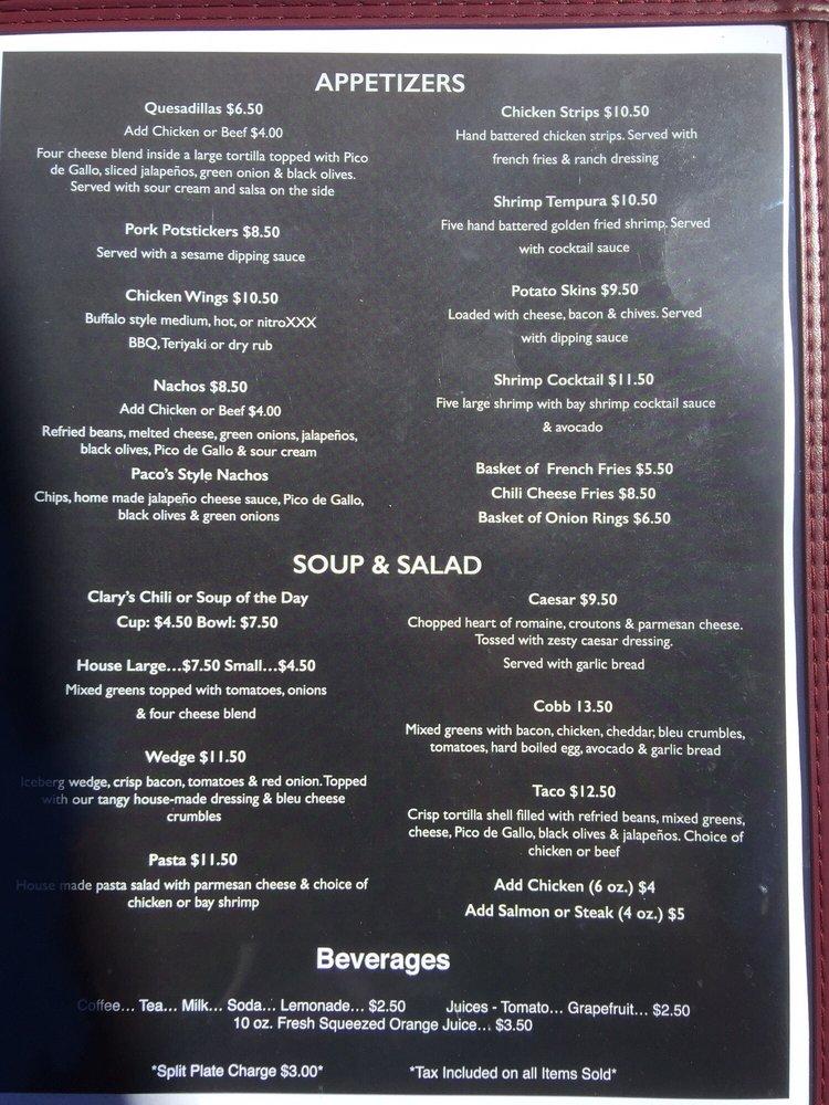 Menu at Clary's Bar & Grill, Reno