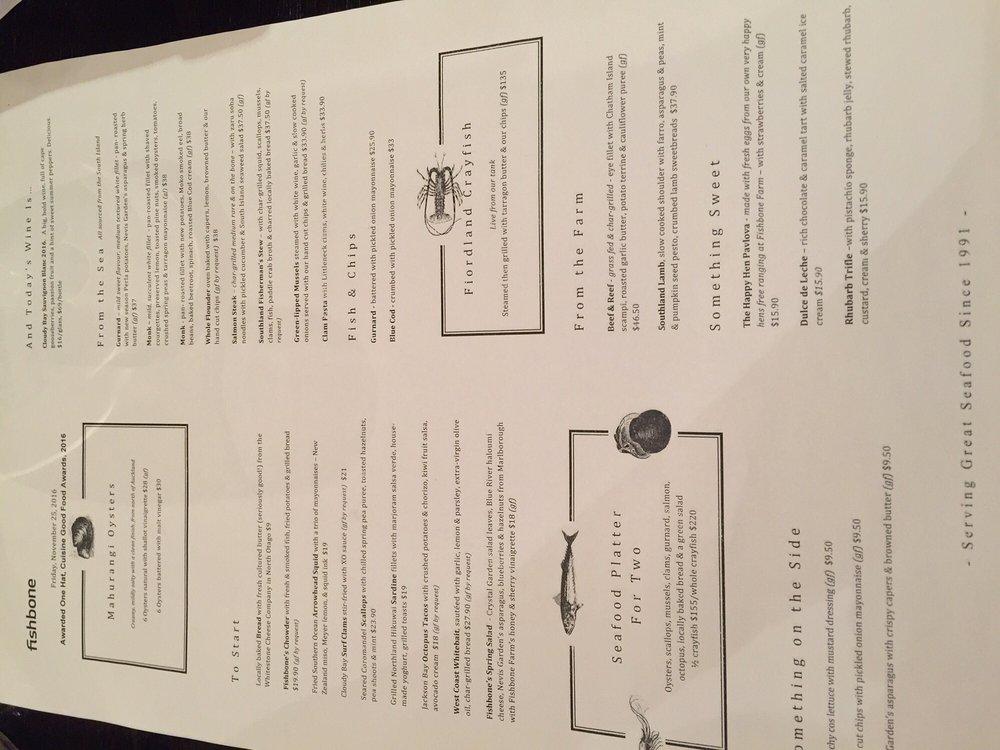Menu at Fishbone Bar & Grill, Queenstown