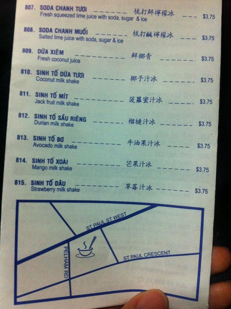 Menu at Pho Ngon restaurant, St. Catharines
