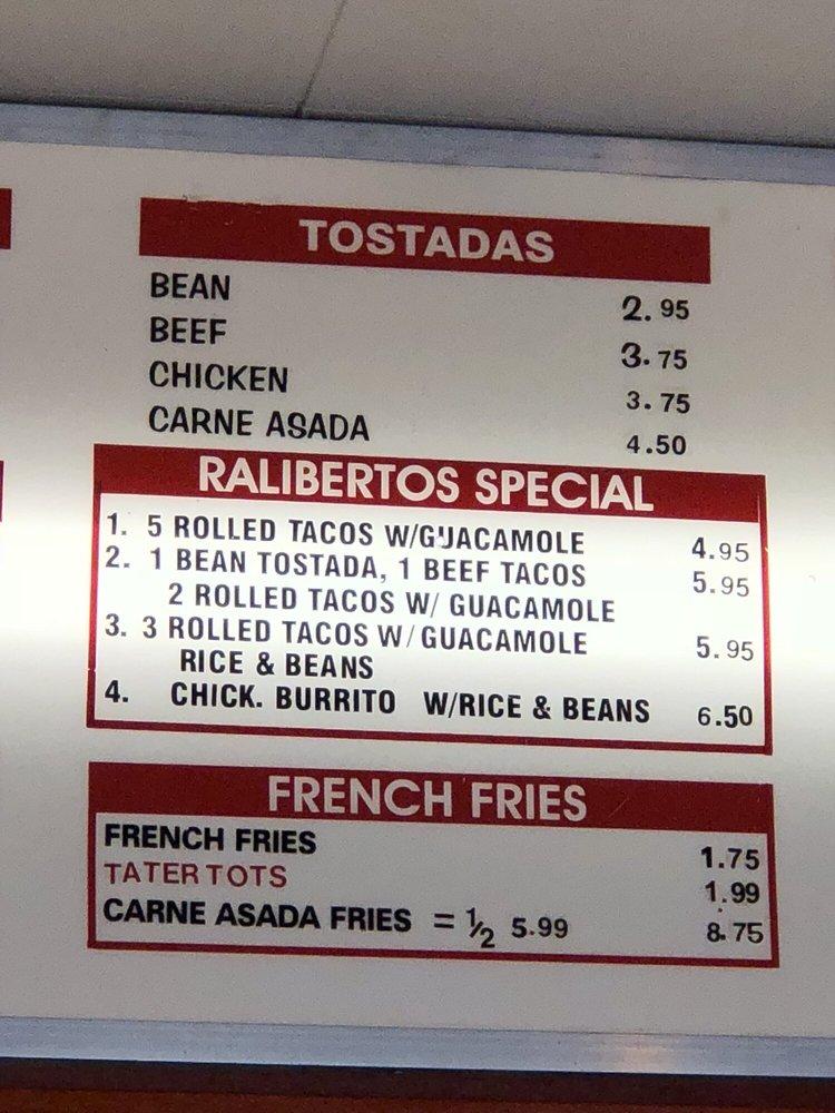 Menu at Raliberto's Taco Shop restaurant, Eureka, 4th St