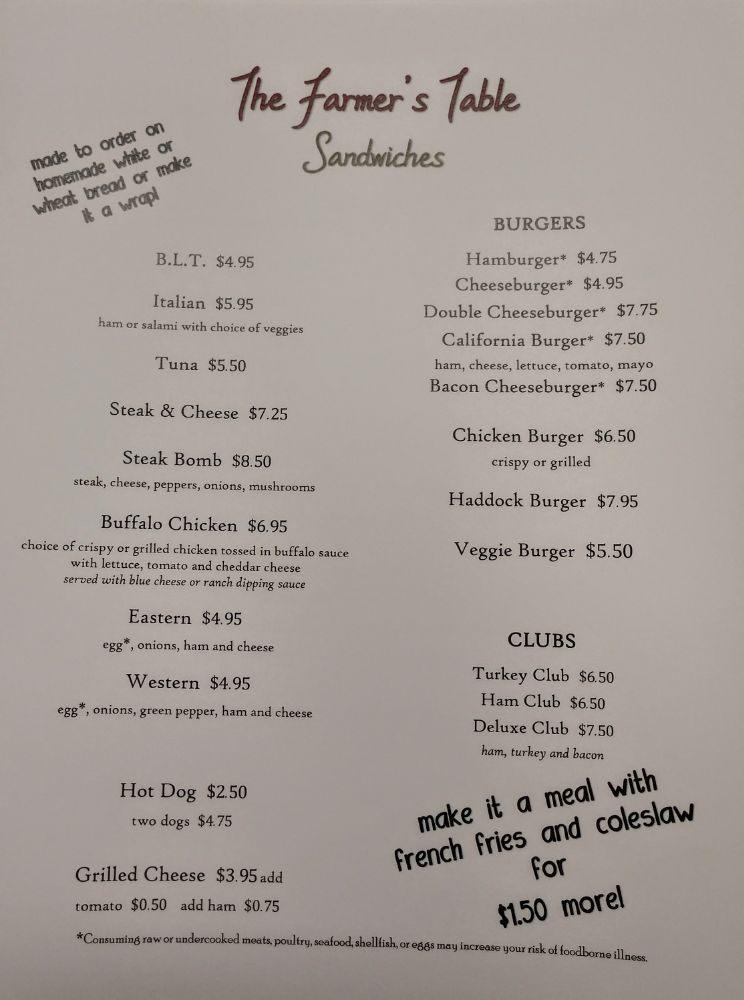 Menu at The Farmer's Table restaurant, Corinna
