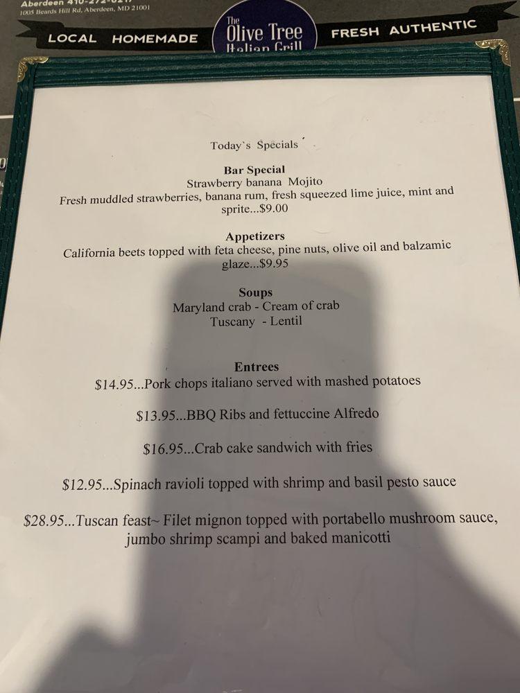 Menu at The Olive Tree restaurant, Glen Burnie