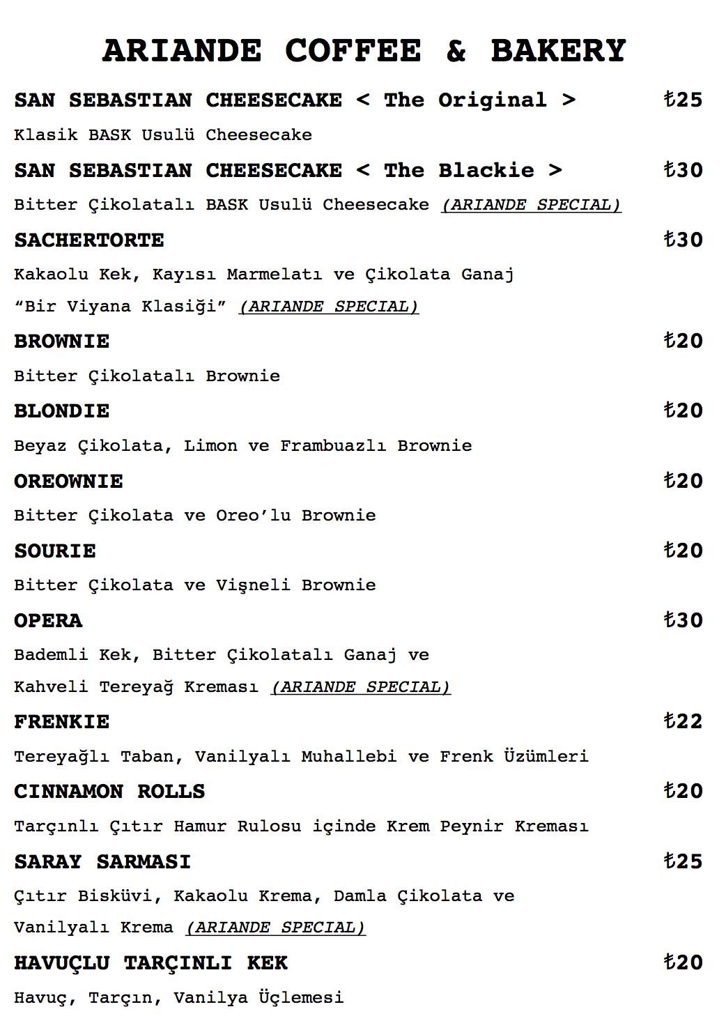 Menu at ariande coffee & bakery, Istanbul