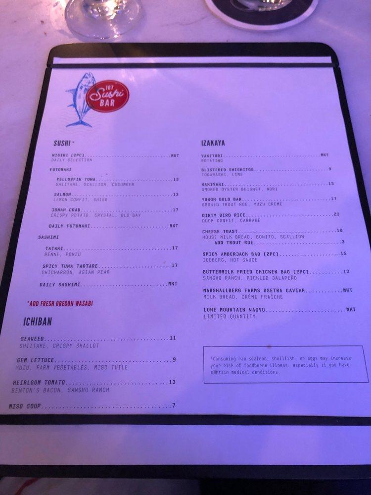 Menu at 167 Sushi Bar, Charleston