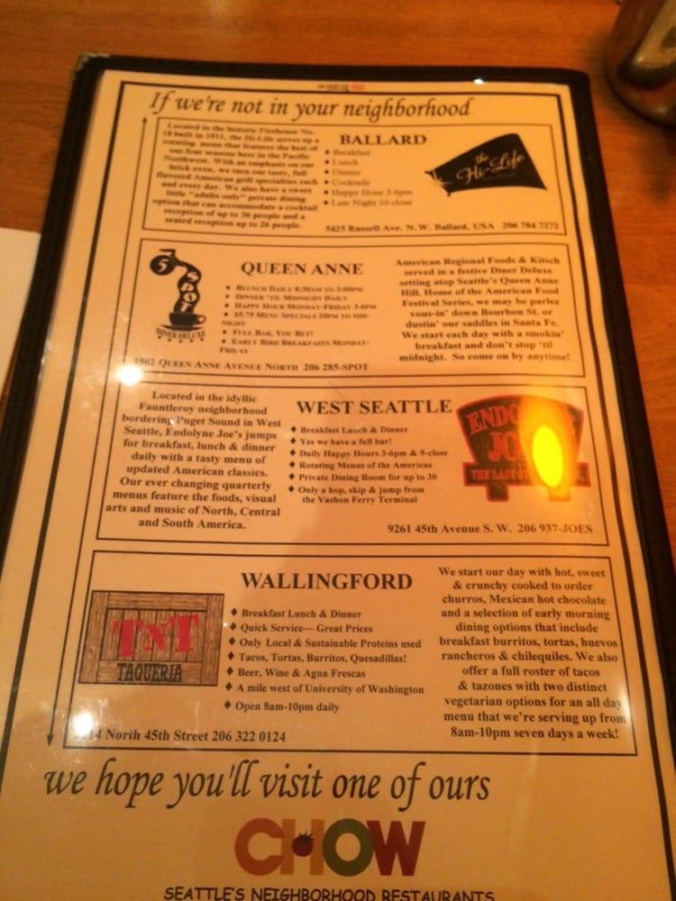 Menu at 5 Spot restaurant, Seattle