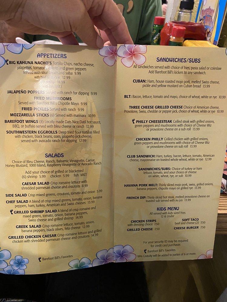 Menu at Barefoot Bill's Island Grill, St. Augustine