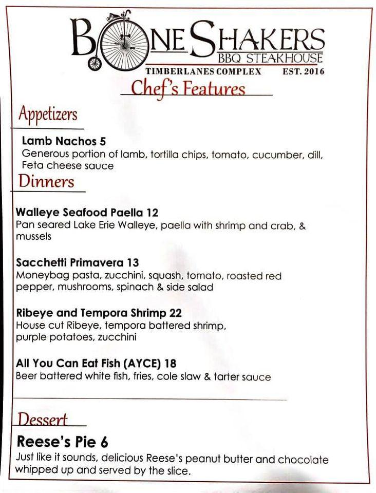 Menu at BoneShakers steakhouse, Salem, 544 E Pershing St