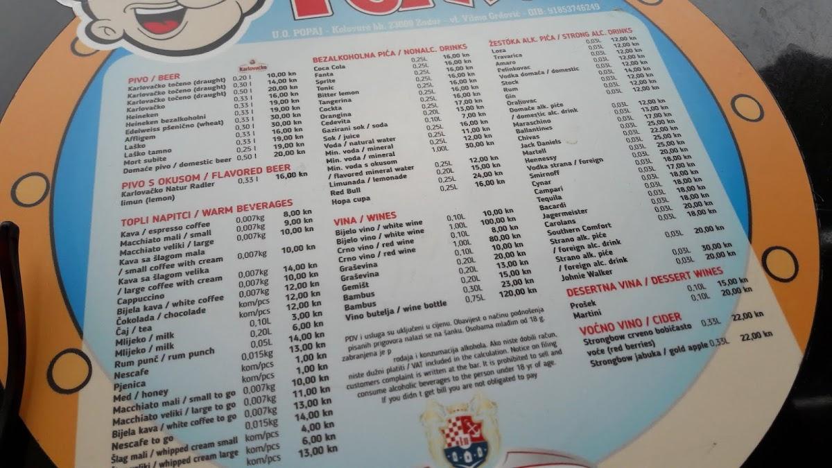 Menu at Caffe Bar Popeye, Zadar