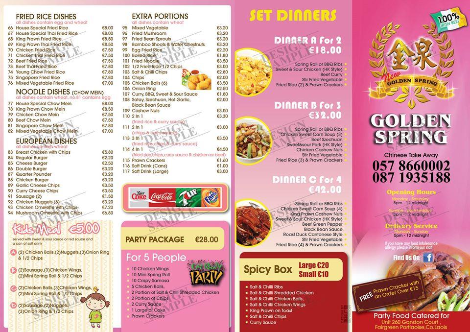 Menu at Golden Spring Chinese Takeaway Portlaoise restaurant, Portlaoise