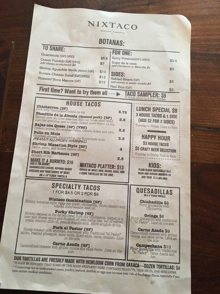 Menu at Nixtaco restaurant, Roseville, Cirby Way #12