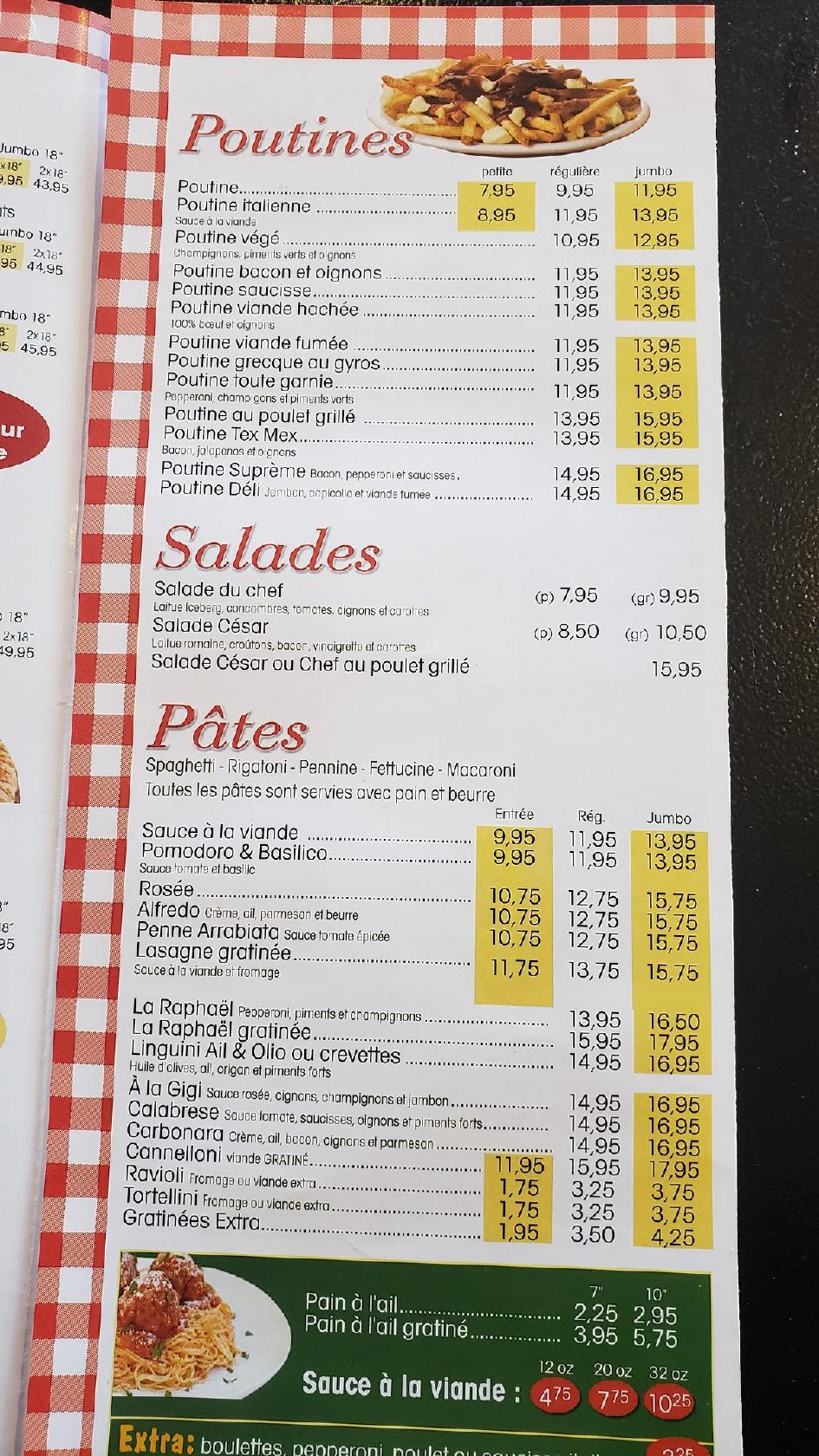 Menu au Raphael Pizzeria, Longueuil, Ch. de Chambly