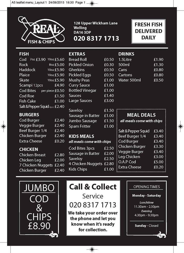 Menu at REAL Fish & Chips restaurant, Welling