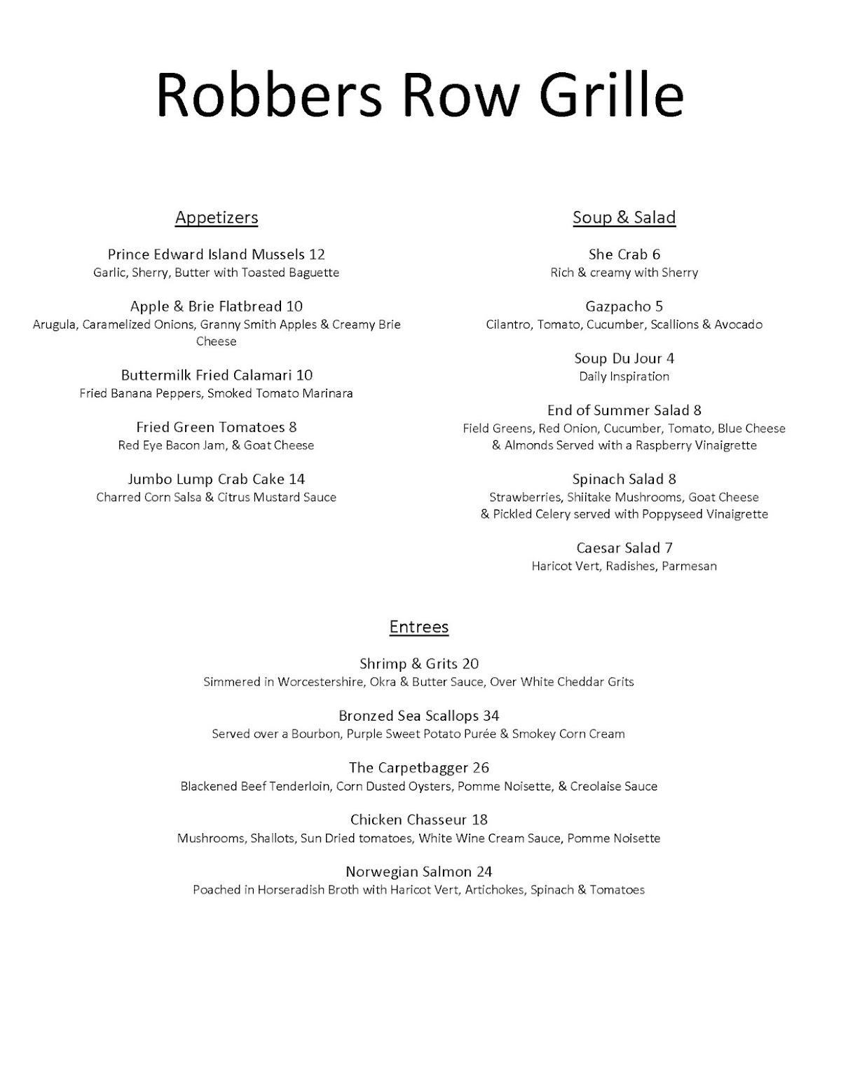 Menu at Robber's Row Grill pub & bar, Hilton Head Island