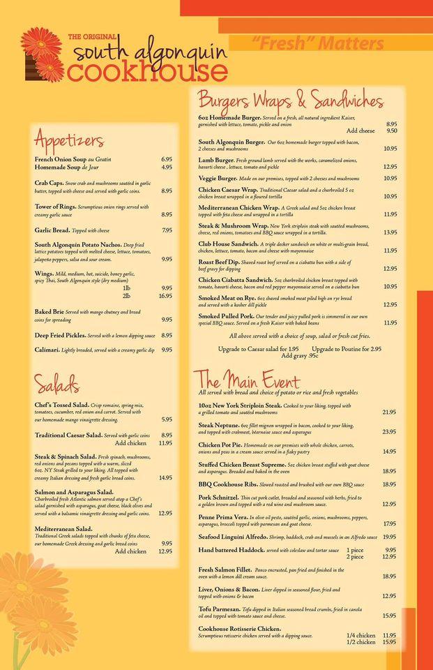 Menu at South Algonquin Diner restaurant, Wilberforce