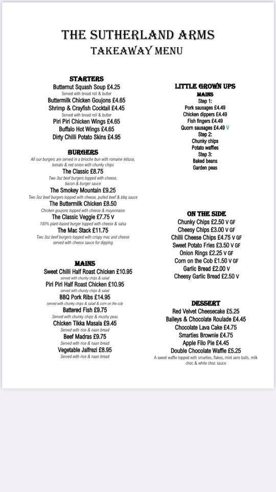 Menu at Sutherland Arms pub & bar, England, Tibberton