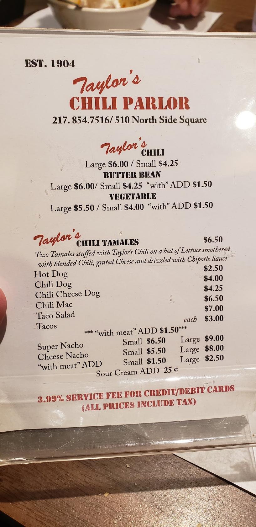 Menu at Taylor's Mexican Chili Parlor pub & bar, Carlinville, 510 N ...