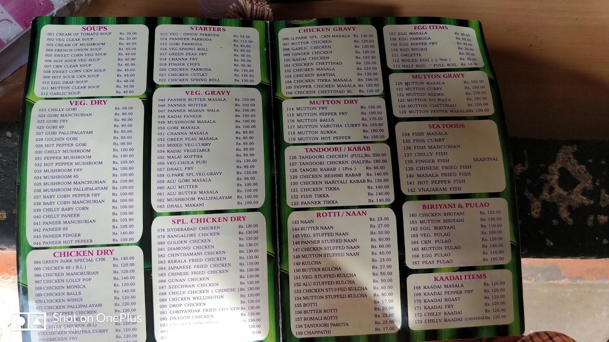 Menu at Green Park Restaurant, Palladam