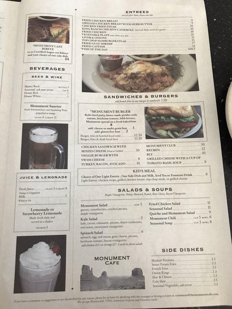 Menu at Monument Cafe, Georgetown, 500 S Austin Ave