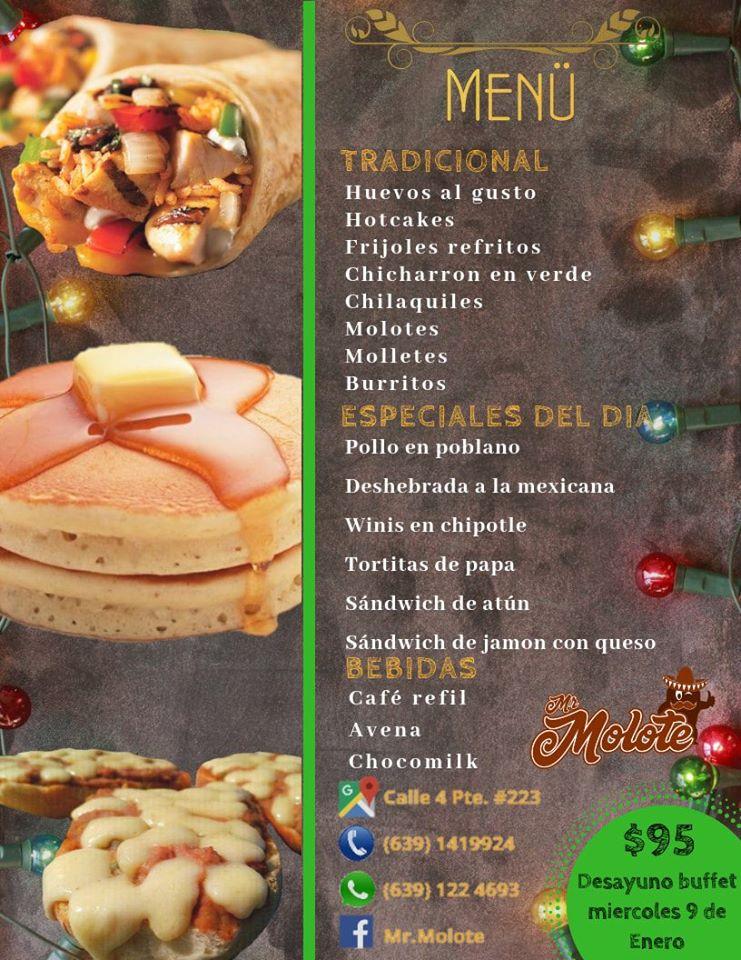 Menu at Mr. Molote restaurant, Delicias