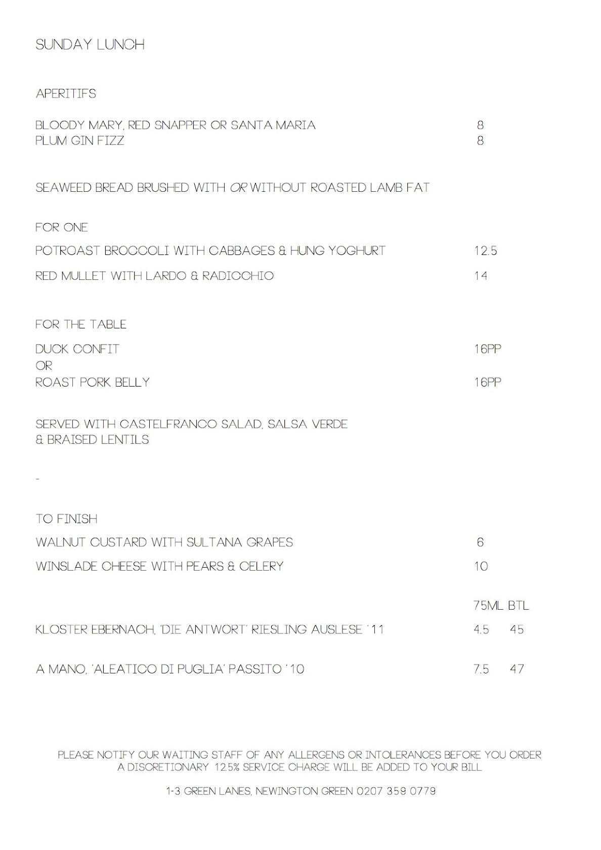 Menu at Perilla pub & bar, London, 1-3 Green Lanes