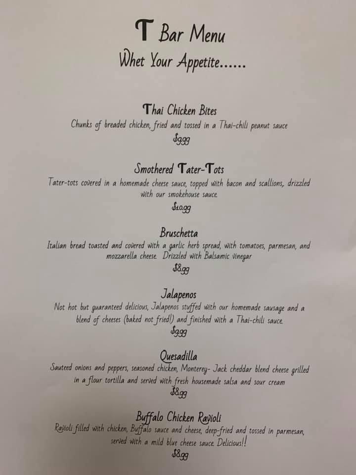 Menu at TBar, Newport