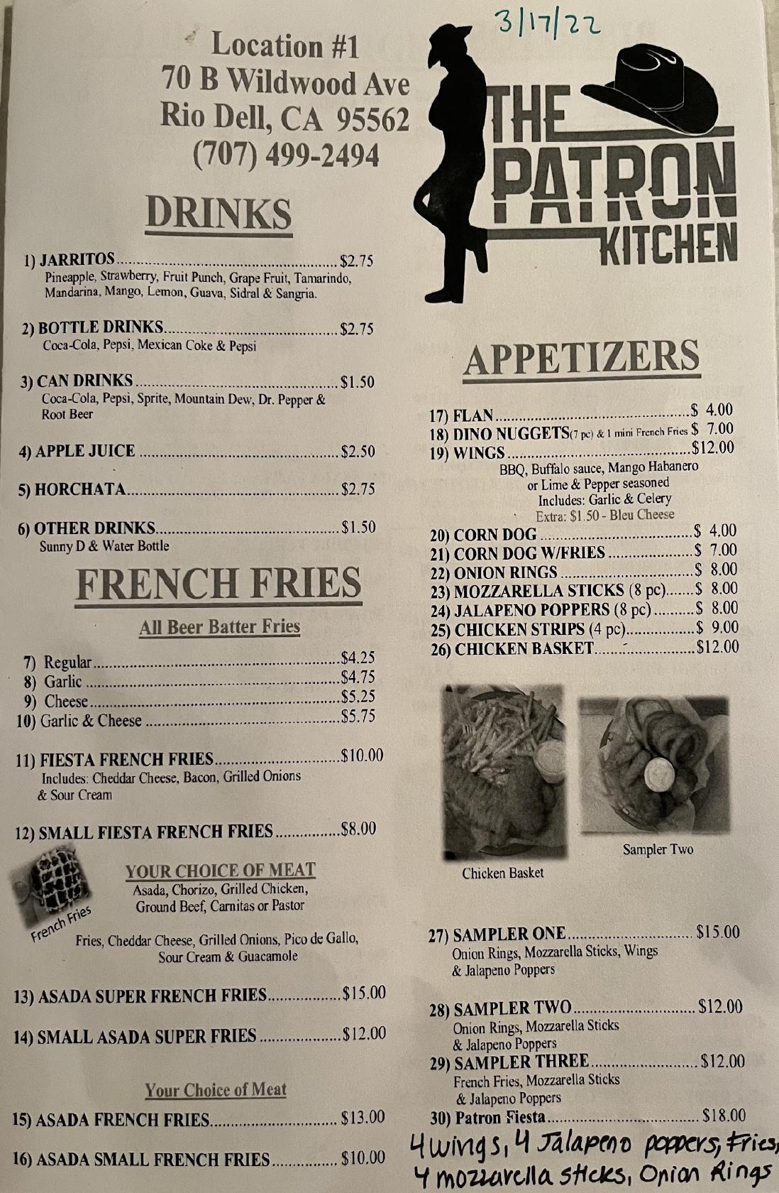Menu at The Patron Kitchen restaurant, Rio Dell