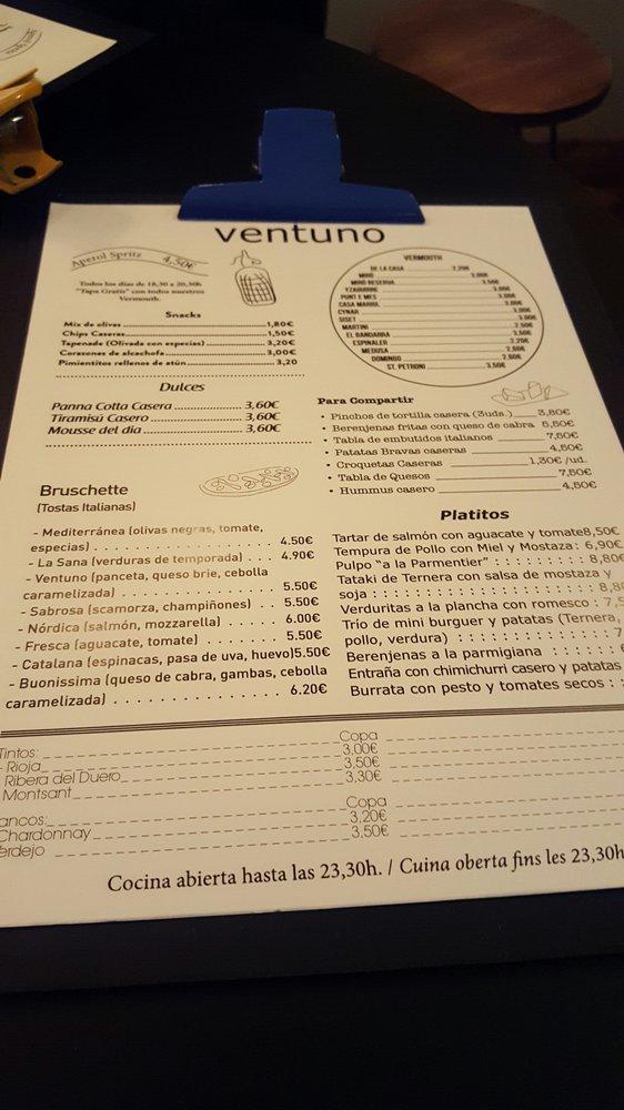 Menu at Ventuno pub & bar, Barcelona