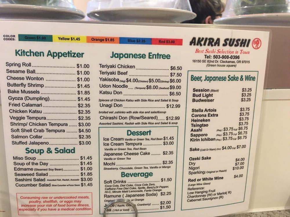 Menu at Akira Sushi restaurant, Clackamas