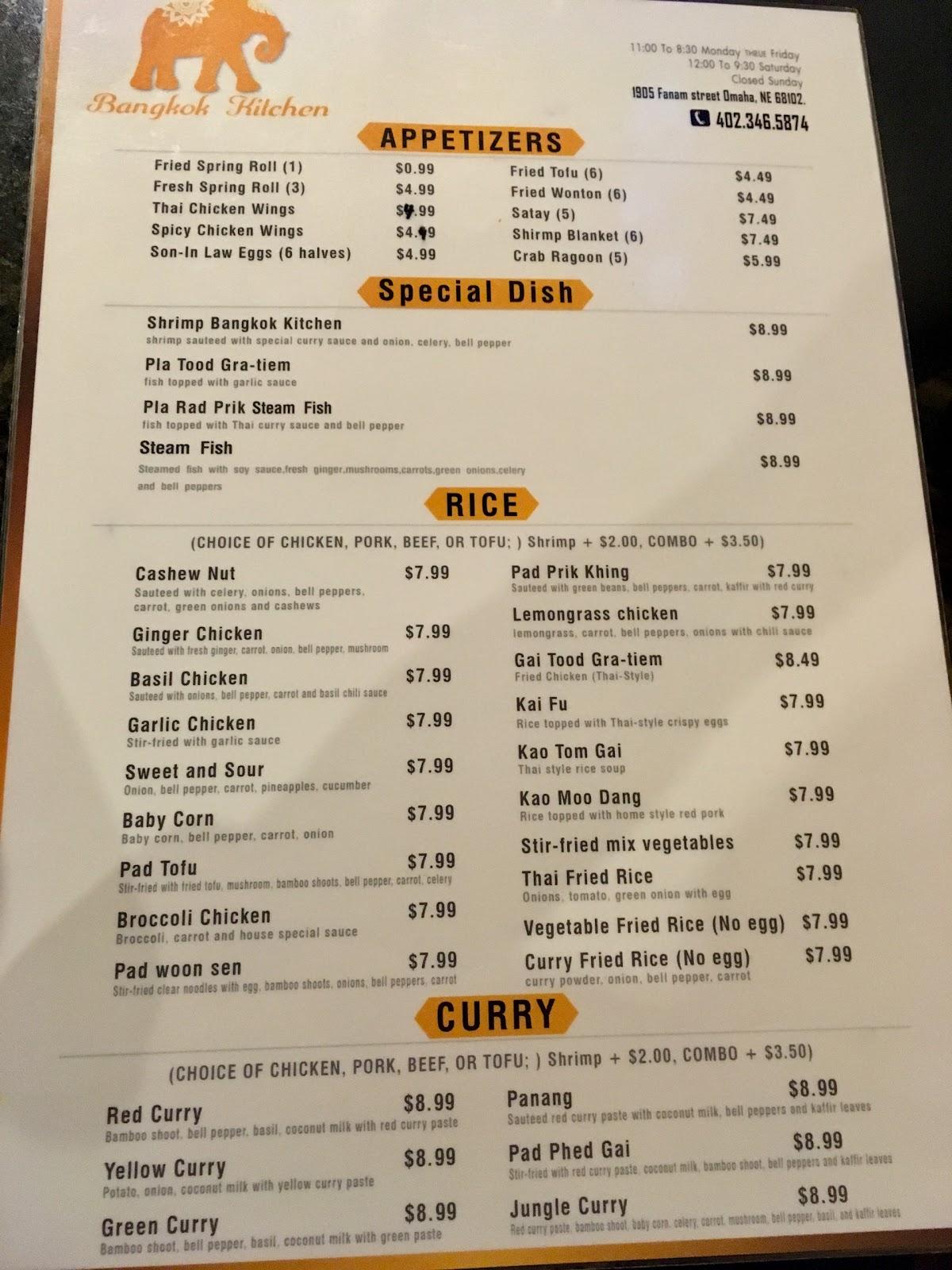 Menu at Bangkok Kitchen restaurant, Omaha