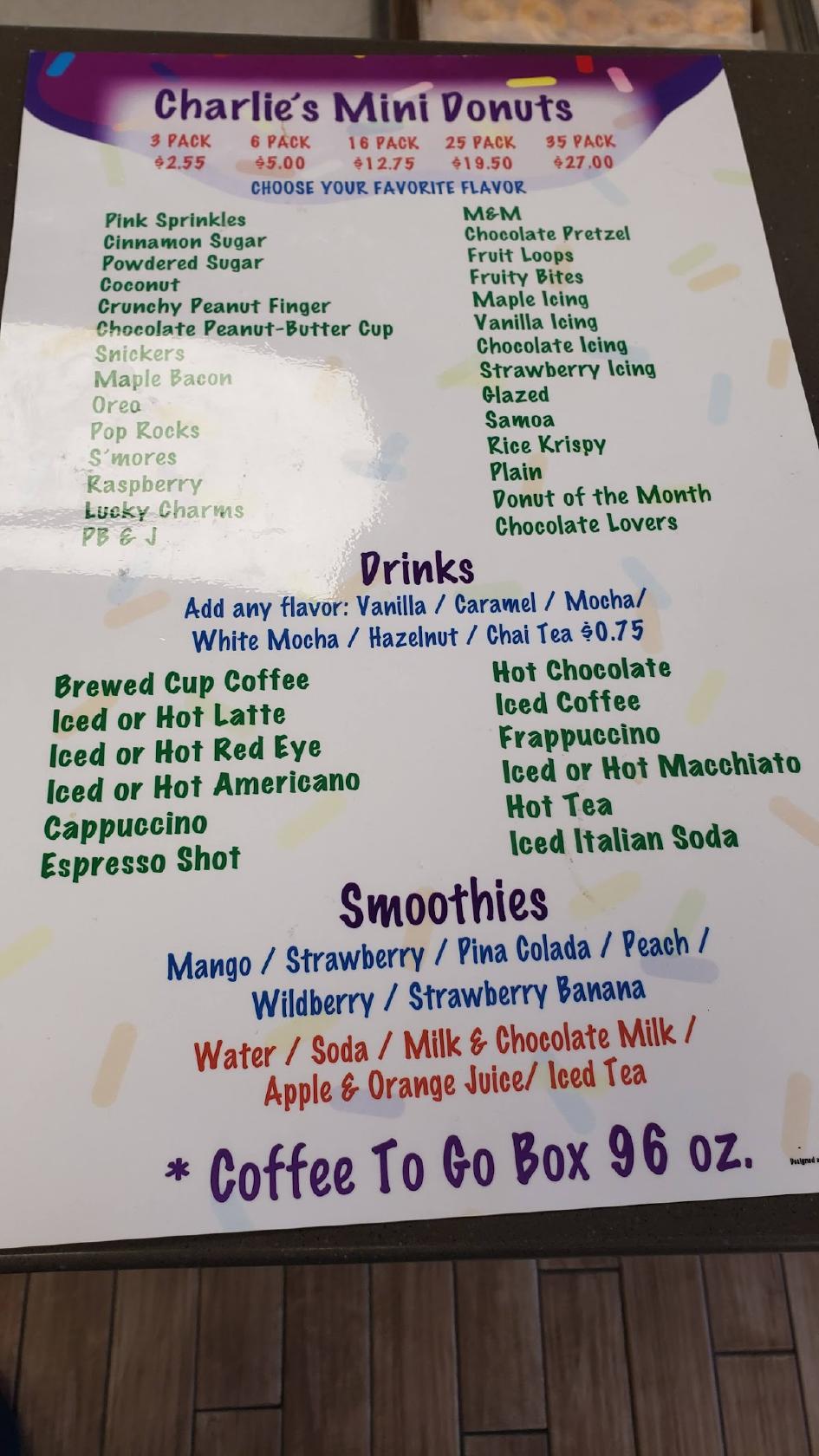 Menu at Charlie's Mini Donuts and Coffee pub & bar, Lakeland, E County ...