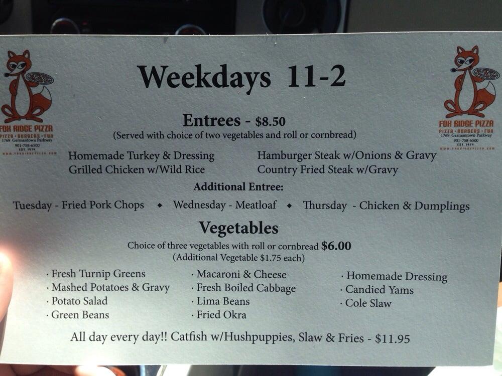Menu at Fox Ridge Pizza Bar and Grill, Memphis